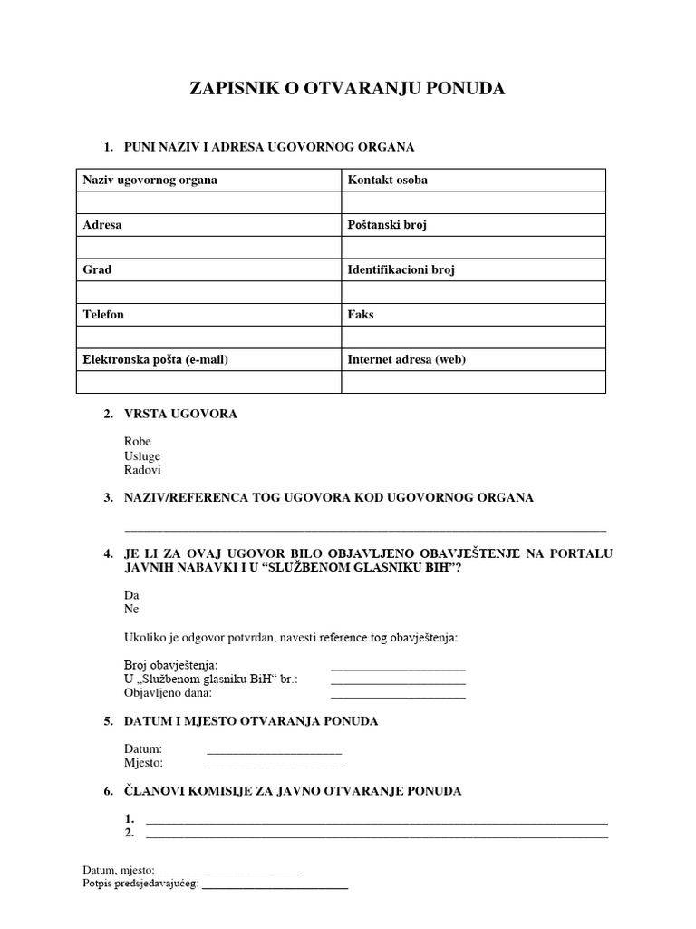 Zapisnik Sa Otvaranja Ponuda Bs | PDF