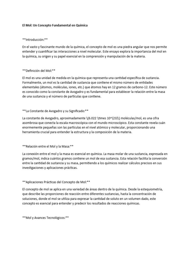 Aplicaciones del Mol en Química | PDF | Mole (Unidad) | Química