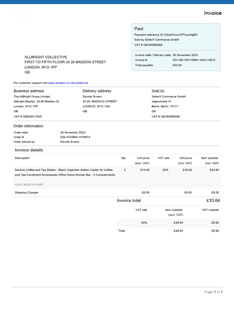 SellerX Commerce GmbH Invoice Details | PDF | Value Added Tax | Invoice