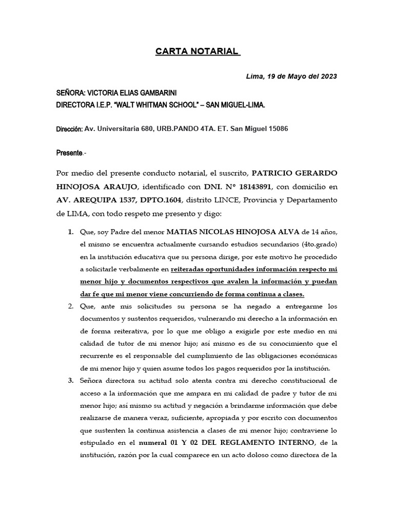 Carta Notarial para Colegios | PDF | Gobierno | Justicia