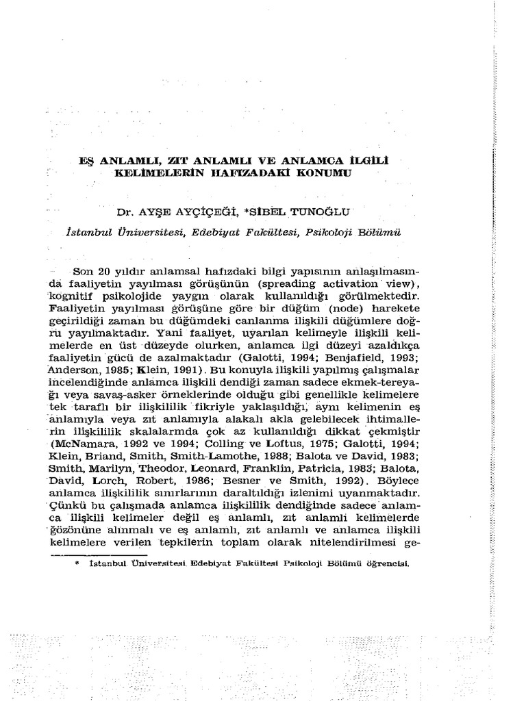 E Anlamli, Zit Anlamli Ve Anlamca LG L Kel Meler N Hafizadak Konumu (#117996) - 100123 | PDF