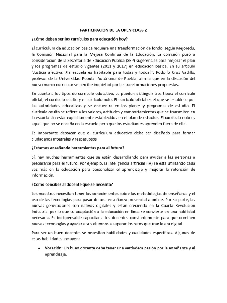 Participacion Open Class 2 | PDF | Plan de estudios | Enseñando
