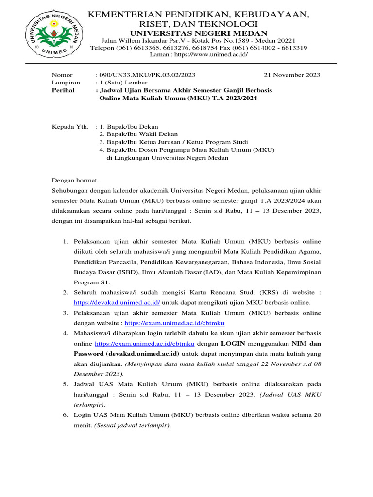 Jadwal UAS MKU Berbasis Online Semester Ganjil T.A 2023-2024 | PDF