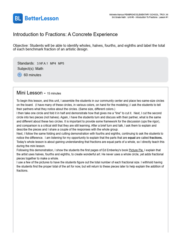 Betterlesson - Introduction To Fractions A Concrete Experience ...