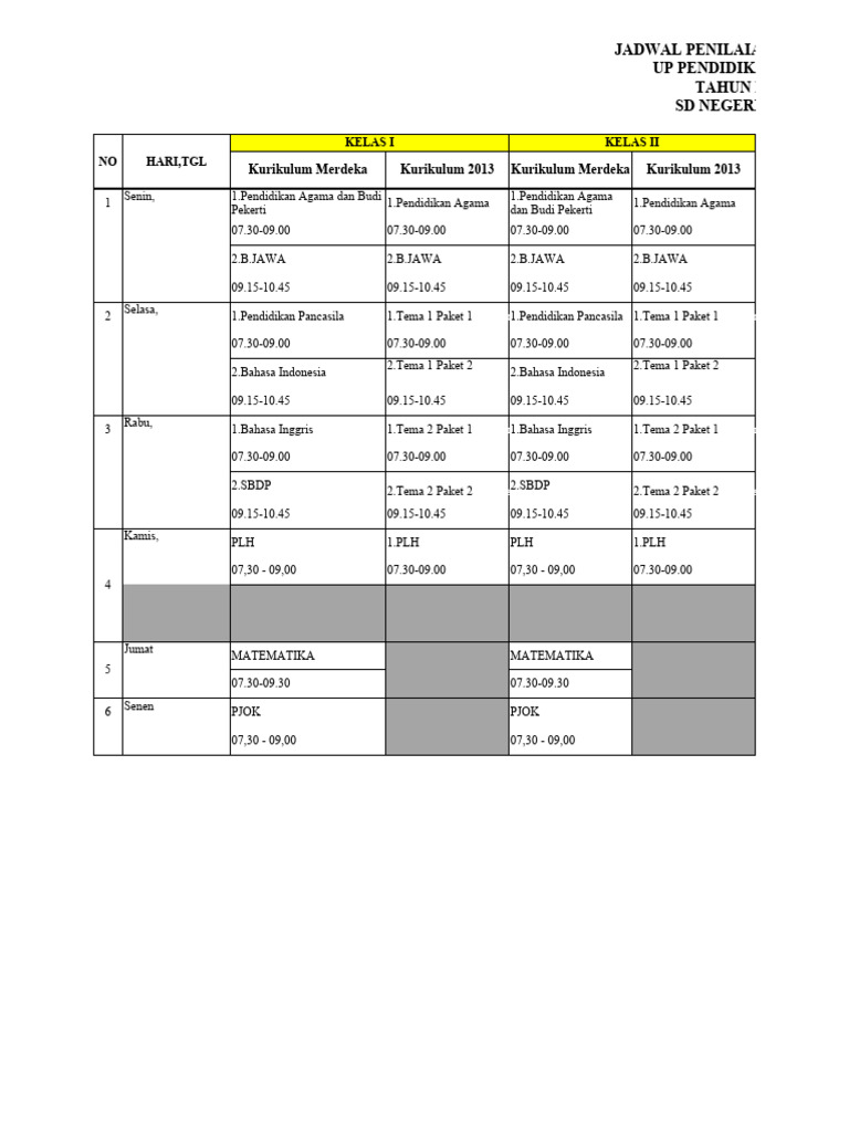 Jadwal Penilaian Tengah Semester SD | PDF