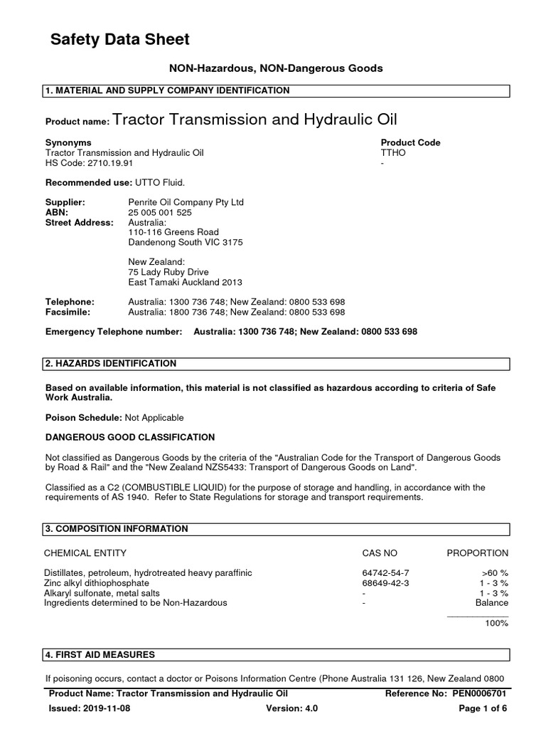 Tractor Transmission and Hydraulic Oil-GHS SDS | PDF | Personal ...