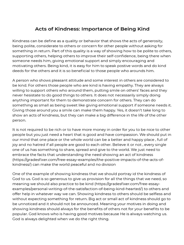 Acts of Kindness - Importance of Being Kind - (Essay Example), 791 Words GradesFixer | Download ...