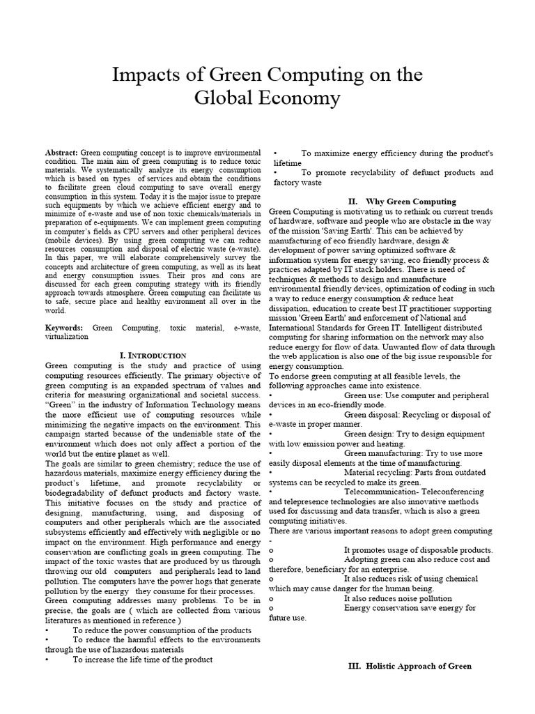 Impacts of Green Computing On The Global Economy | PDF | Cloud Computing | Energy Conservation