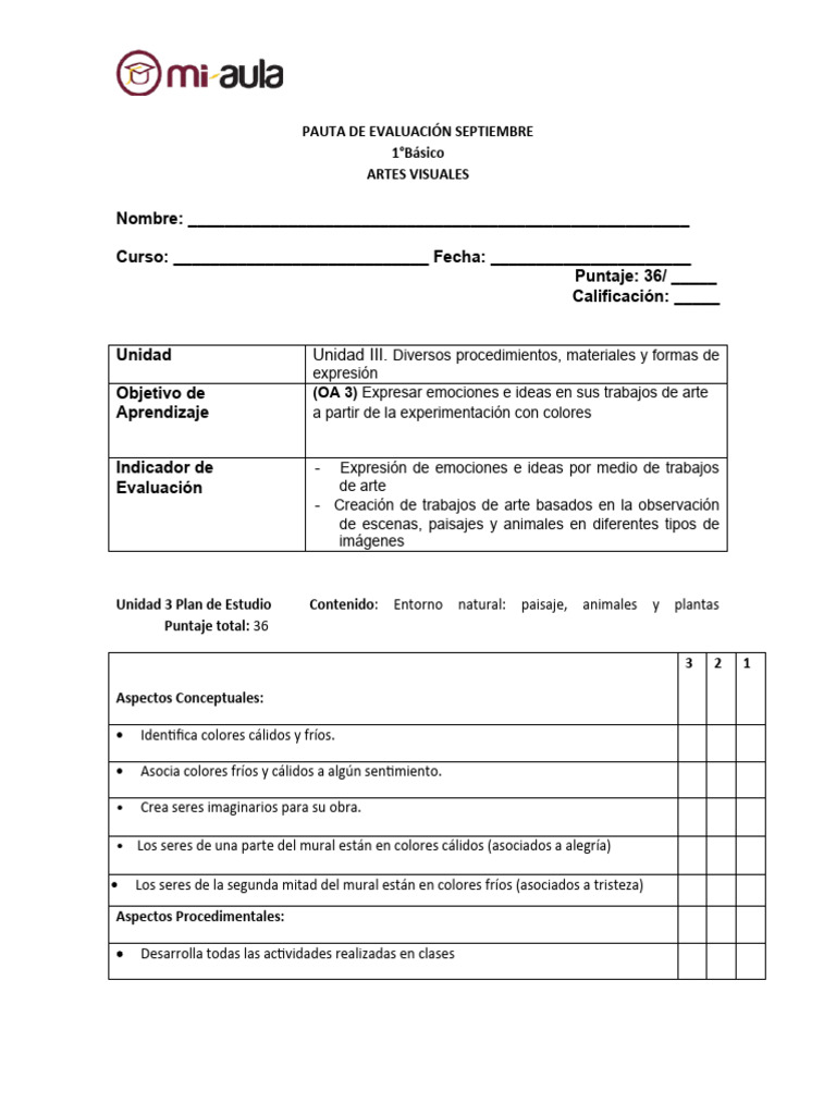 Pauta de Evaluación Colores Cálidos y Fríos | PDF