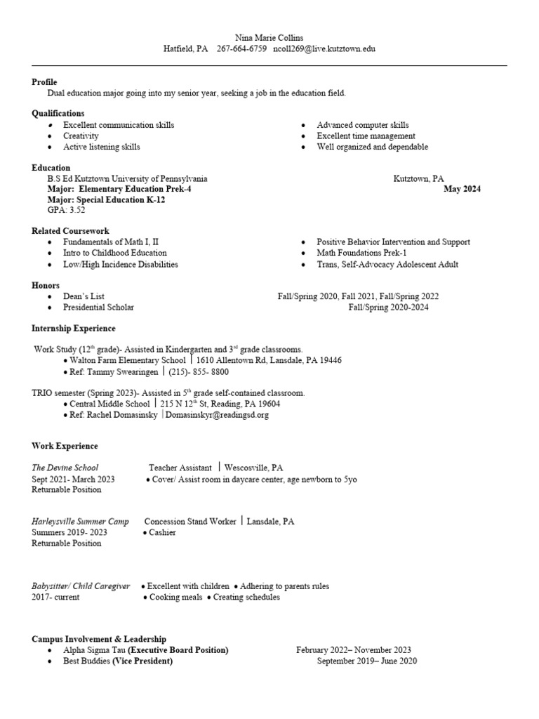 Nina Collins - Resume | PDF | Social Institutions | Childhood