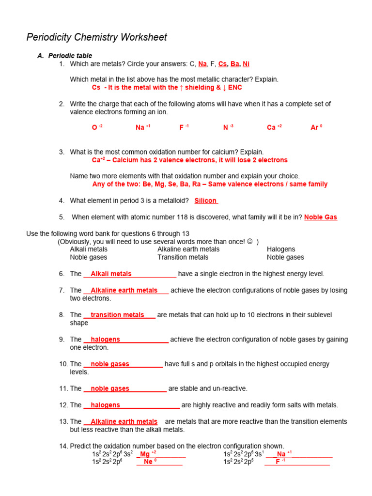 Periodicity Chemistry Worksheet | PDF | Periodic Table | Ion