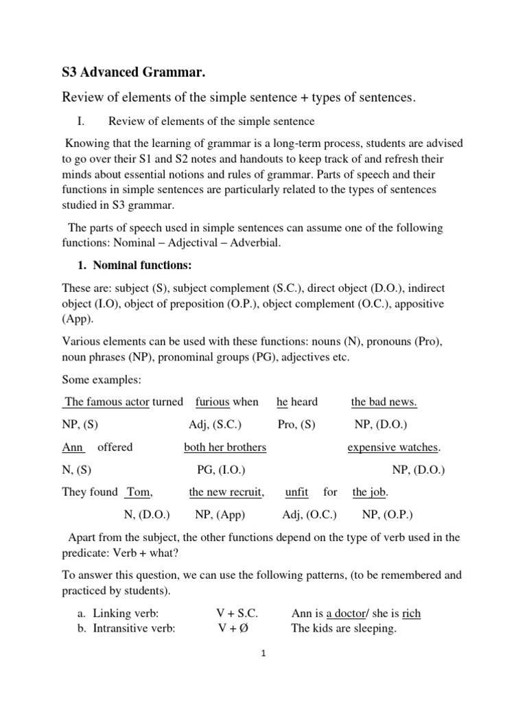 L.1-Elements of The Simple Sentence+types of Sentences | PDF | Question | Adjective