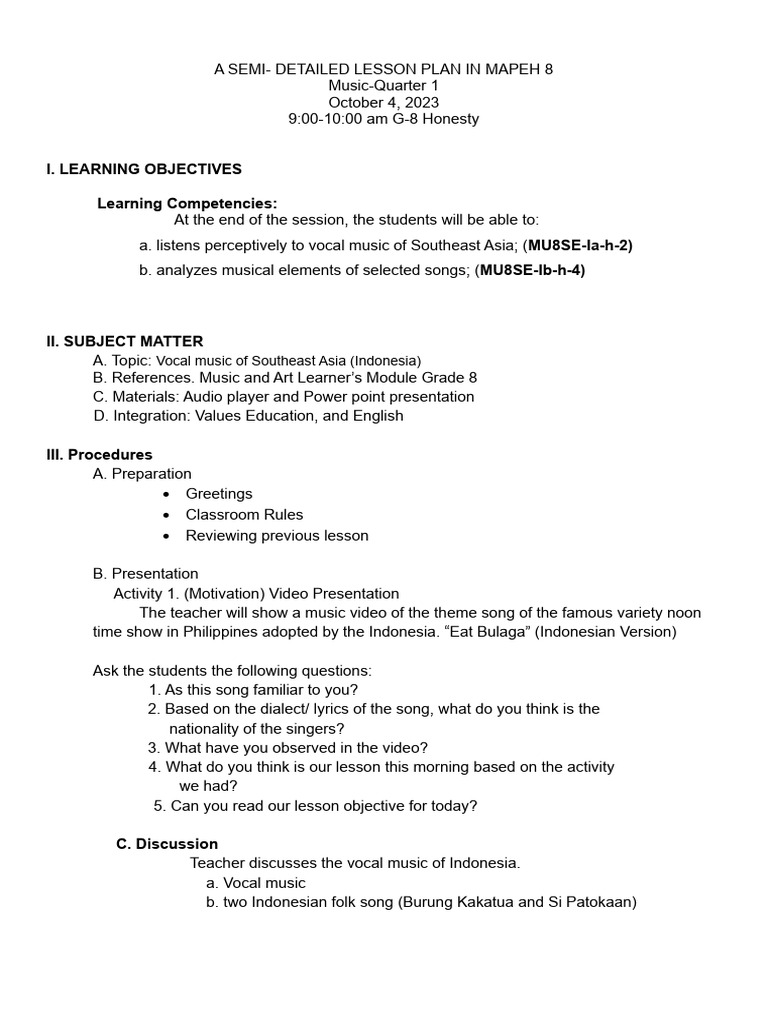 COT1 Lesson Plan 2023-2024 | PDF | Lesson Plan | Learning