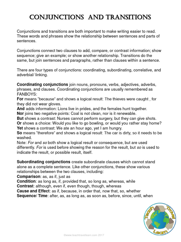 Conjunctions and Transitions Writing | PDF | Clause | Sentence ...