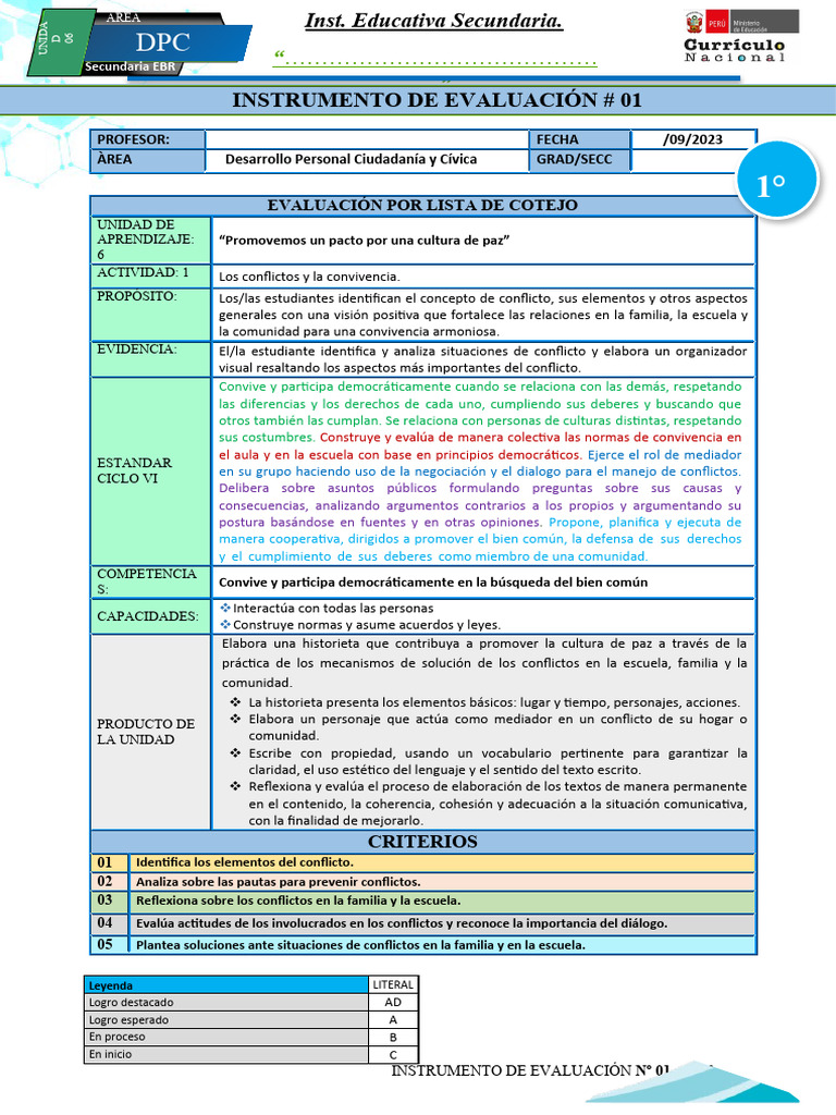 1º Dpcc- Lc Act.1 Uni 6 - Sem 01 | PDF | Evaluación