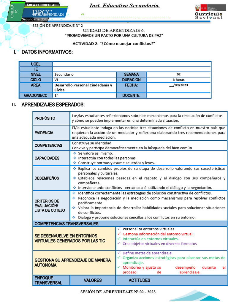 1º DPCC - Ses 2 Uni 6 - Sem 02 | PDF | Aprendizaje | Mediación
