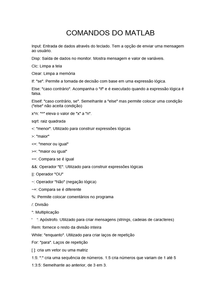 Comandos Do Matlab | PDF | Matlab | Matriz (Matemática) Comandos Do Matlab | PDF | Matlab | Matriz (Matemática)