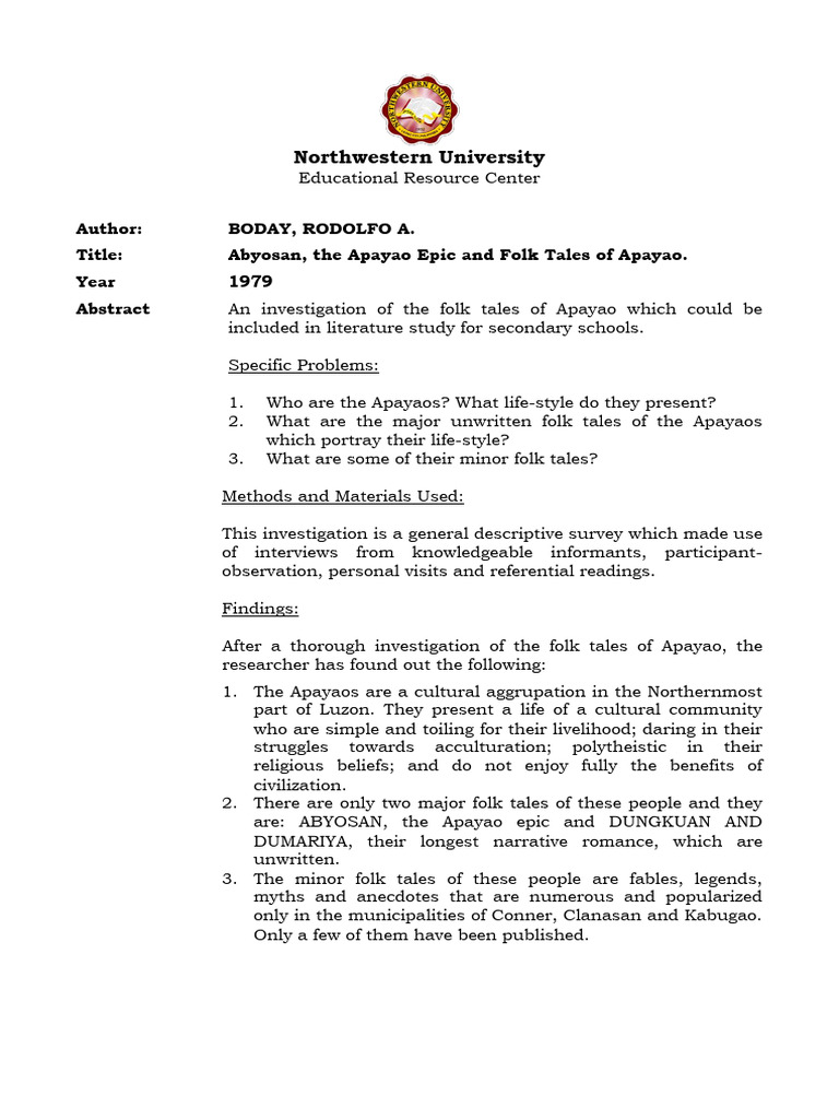 Apayao Epic and Folk Tales Study | PDF
