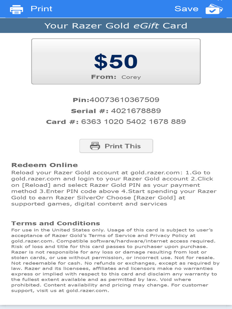 Your Razer Gold EGift Card 2 | PDF