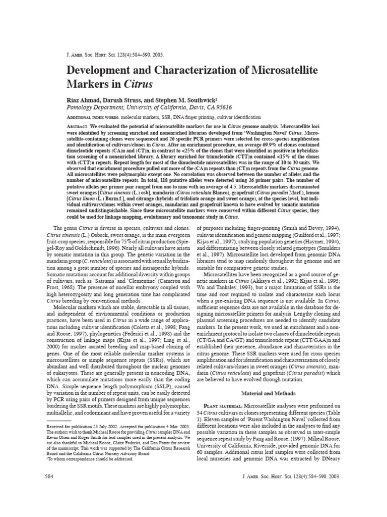 Genomics of The Origin and Evolution of Microsatellite Markers For Citrus | PDF | Microsatellite ...