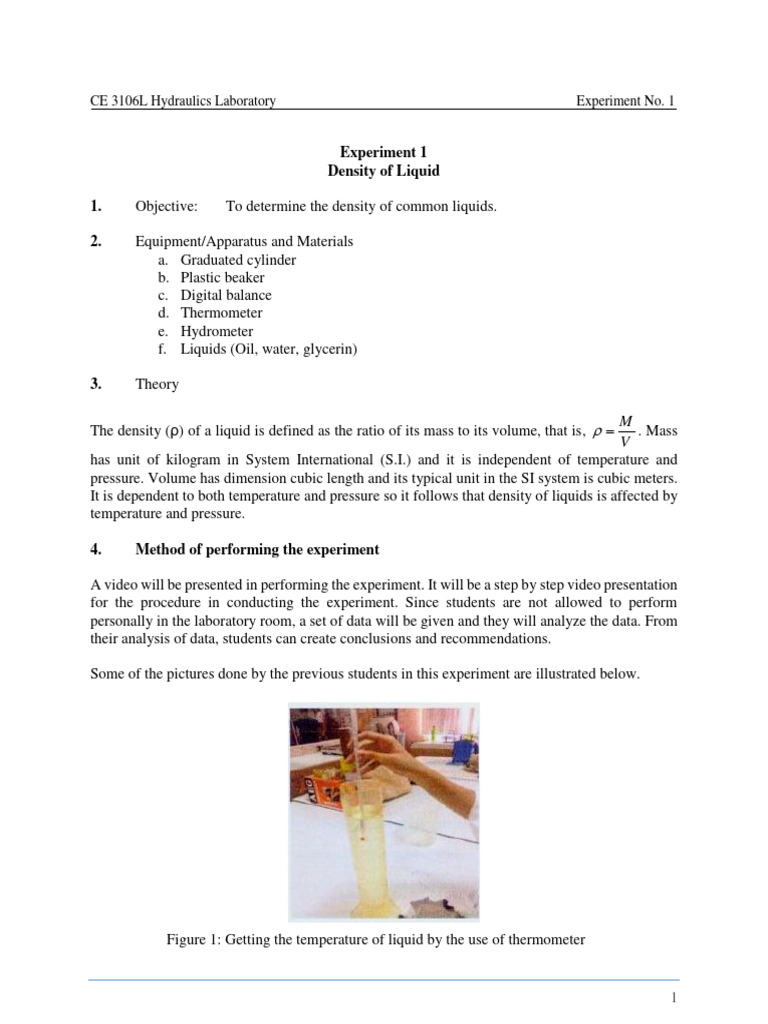 Experiment No. 1 Density of Liquid | PDF | Density | Liquids Experiment No. 1 Density of Liquid | PDF | Density | Liquids