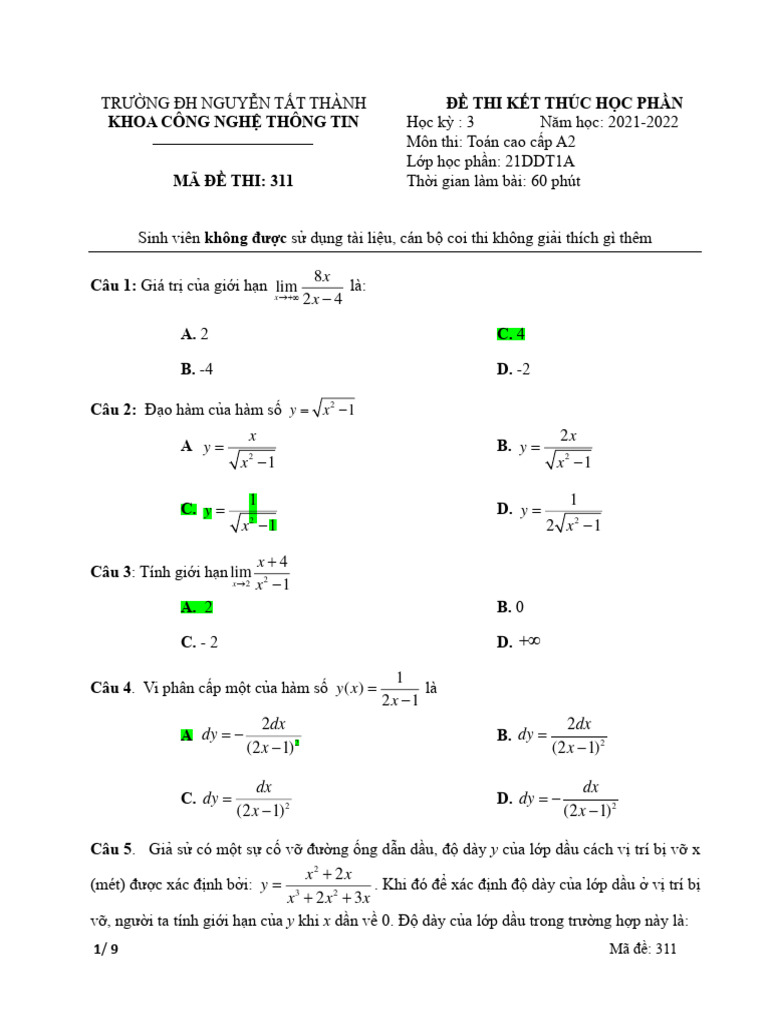 De Thi Cuoi Ky Toan A2 - Ma de 311 | PDF