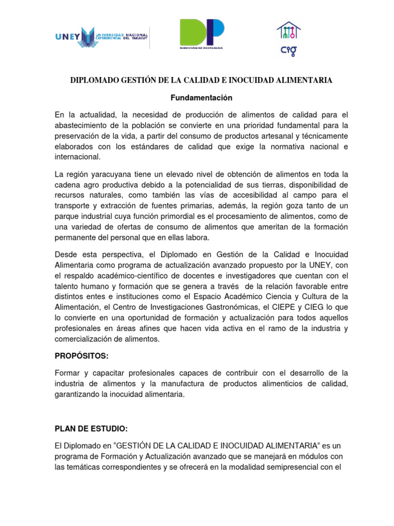 Programa Diplomado Gestión de La Calidad e Inocuidad de Los Alimentos | PDF | Seguridad ...