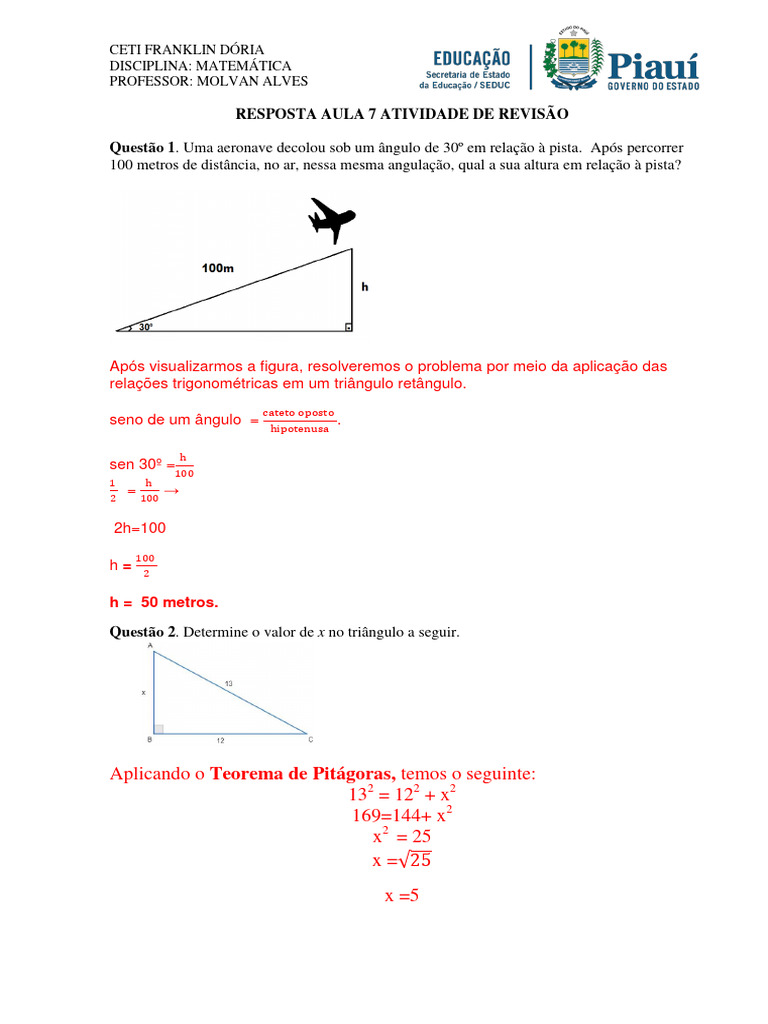 Resposta Aula 7 Atividade de Revisão | PDF | Triângulo | Trigonometria