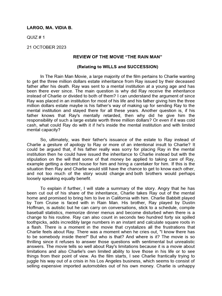 Ma. Vidia B. Largo - Reaction Paper (Rain Man) | PDF | Will And ...