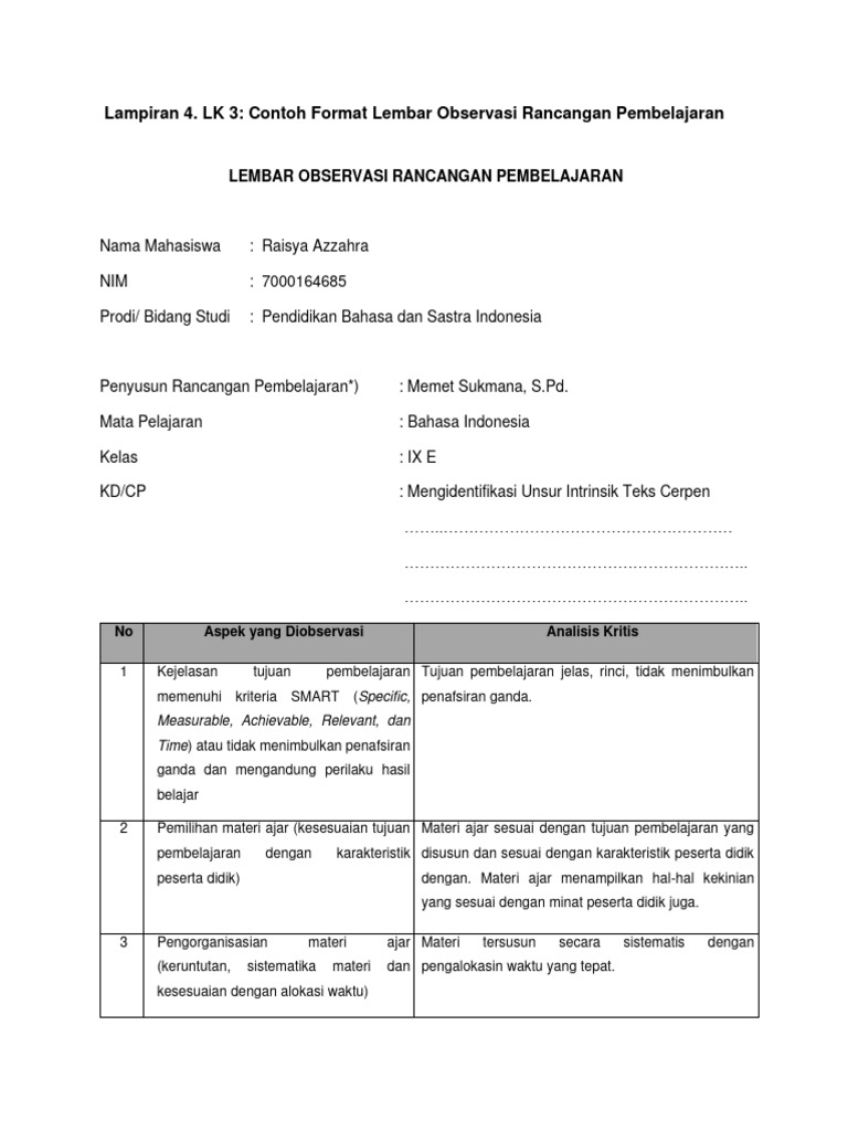 Asistensi 1 Lembar Observasi Rancangan Pembelajaran | PDF