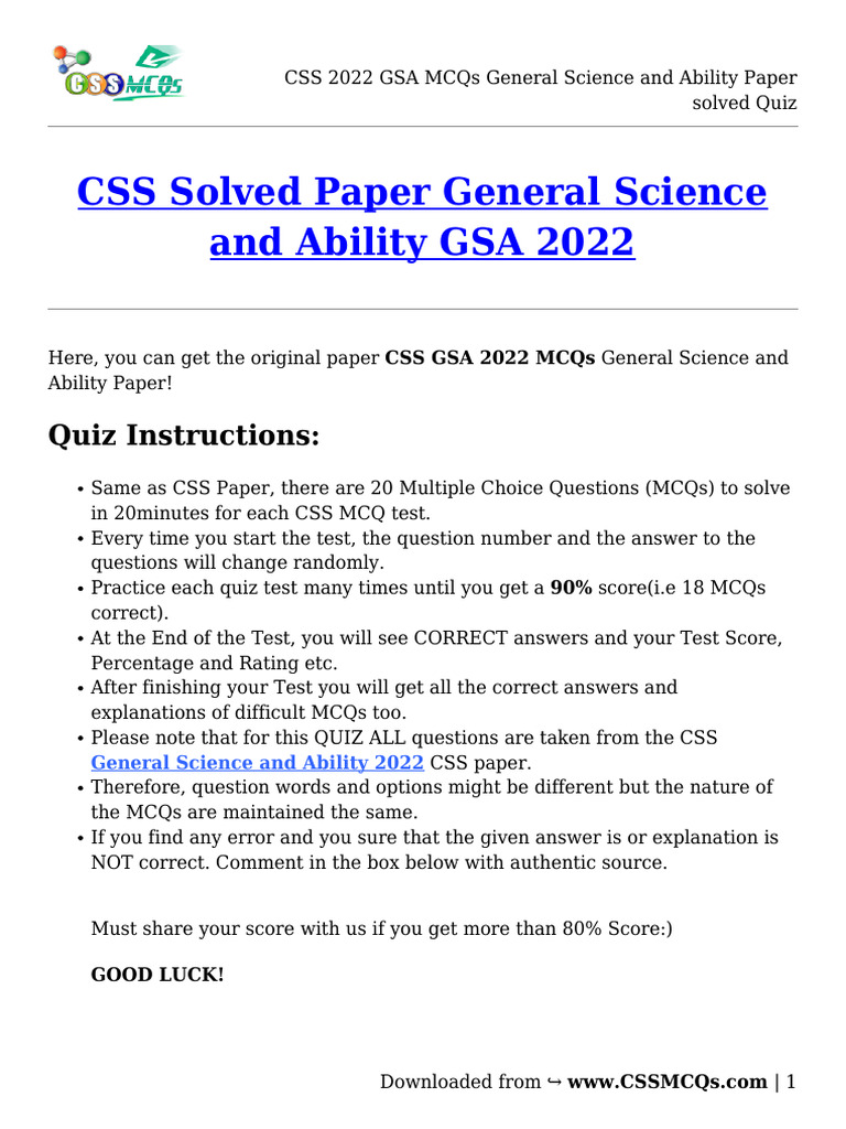 CSS 2022 GSA MCQs General Science and Ability Paper Solved Quiz | PDF ... CSS 2022 GSA MCQs General Science and Ability Paper Solved Quiz | PDF ...