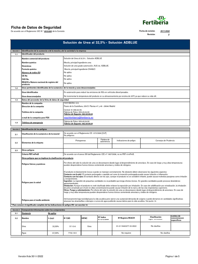 ADBLUE Fertiberia - MSDS | PDF | Amoníaco | Agua