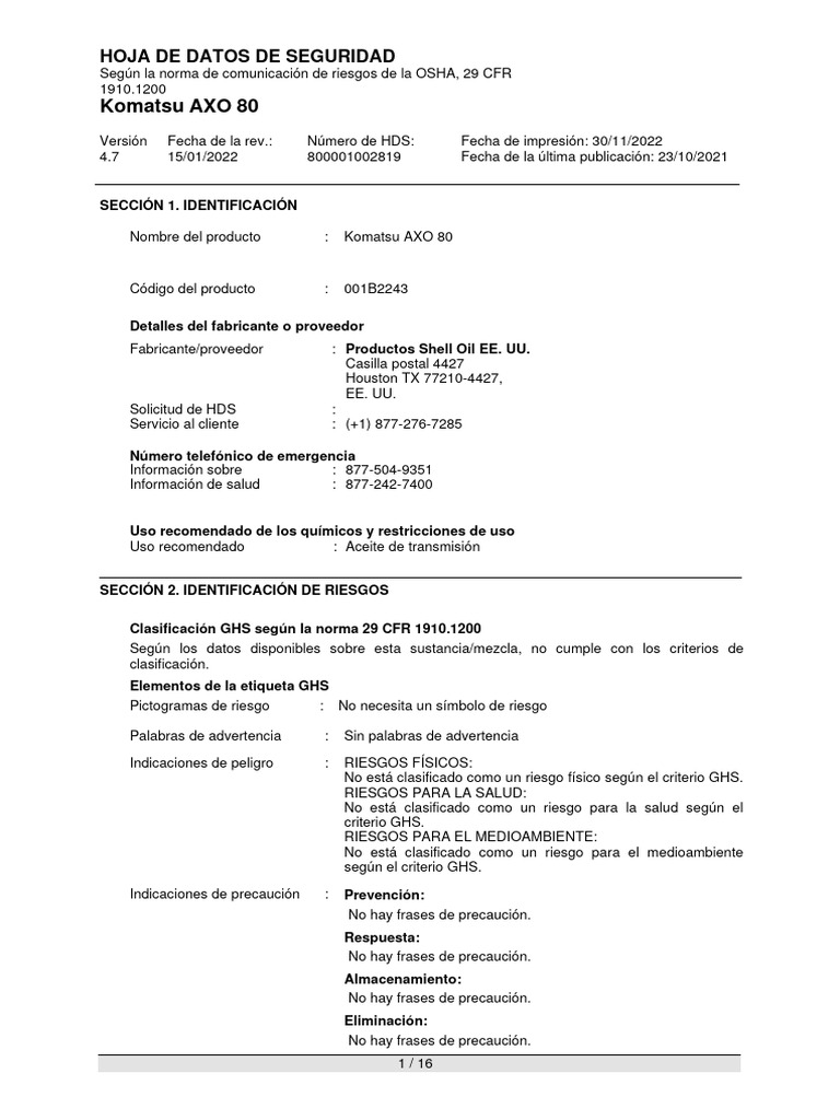 Komatsu AXO 80 - MSDS | PDF | Residuos | Agua