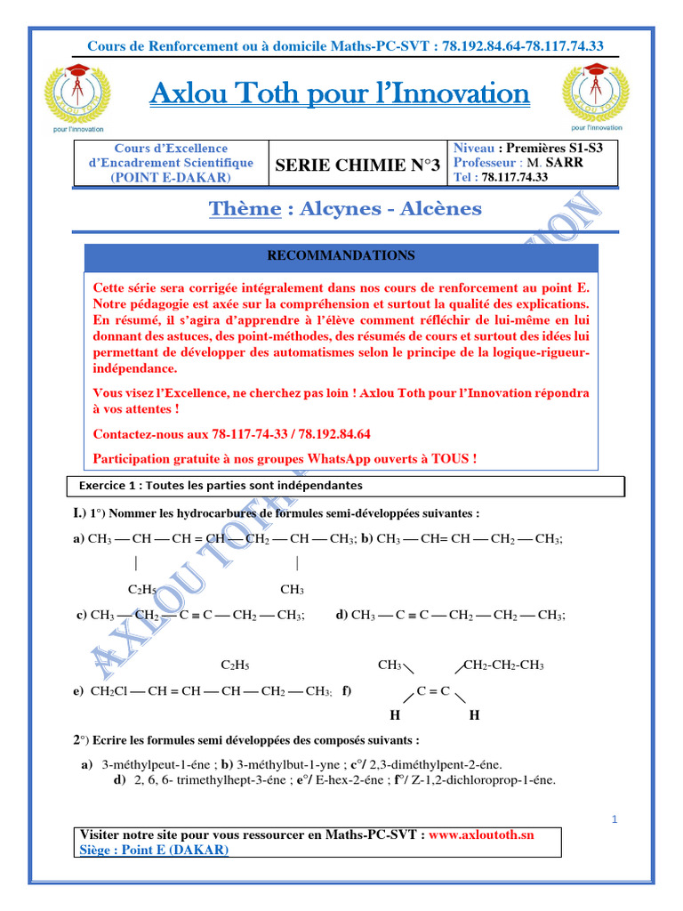 Exercices sur les Alcènes et Alcynes | PDF | Alcène | Hydrogénation
