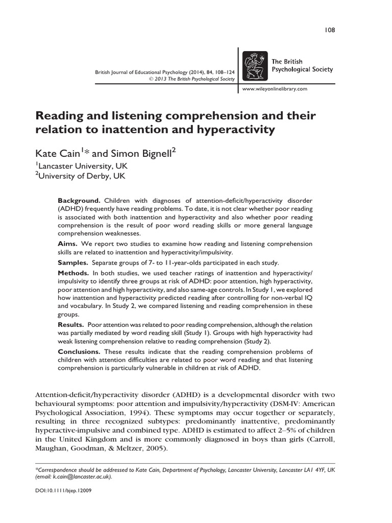 Reading and Listening Comprehension and Their Relation To Inattention ...