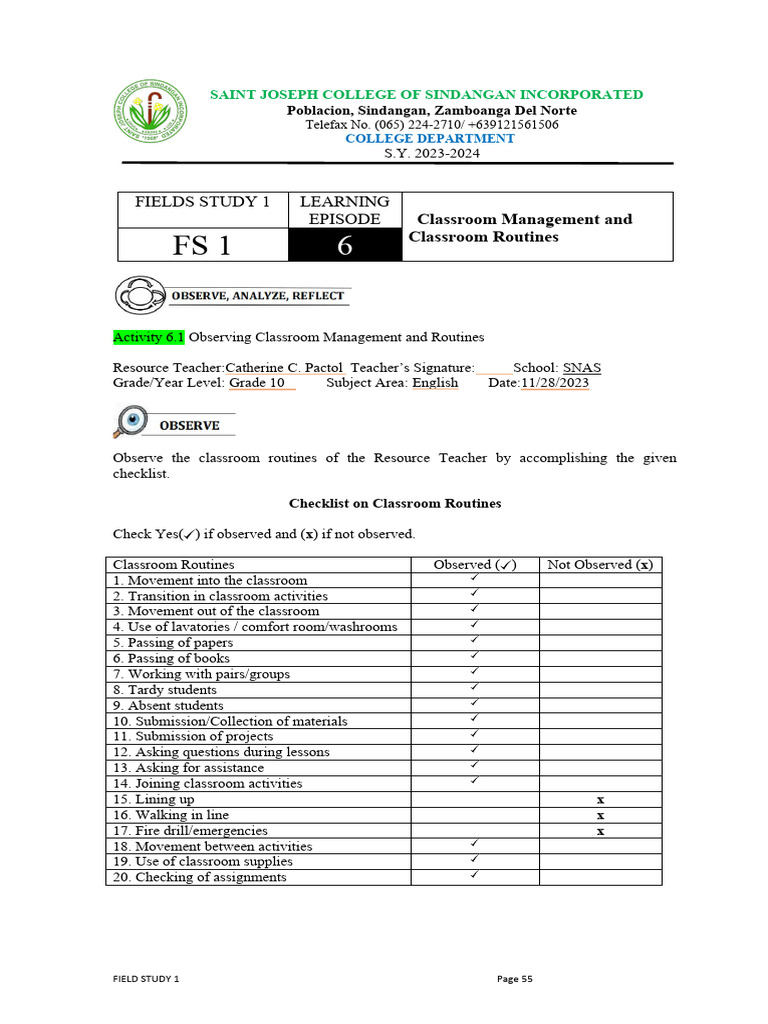 1 FIELD STUDY Episode 6 10 | PDF | Curriculum | Classroom Management