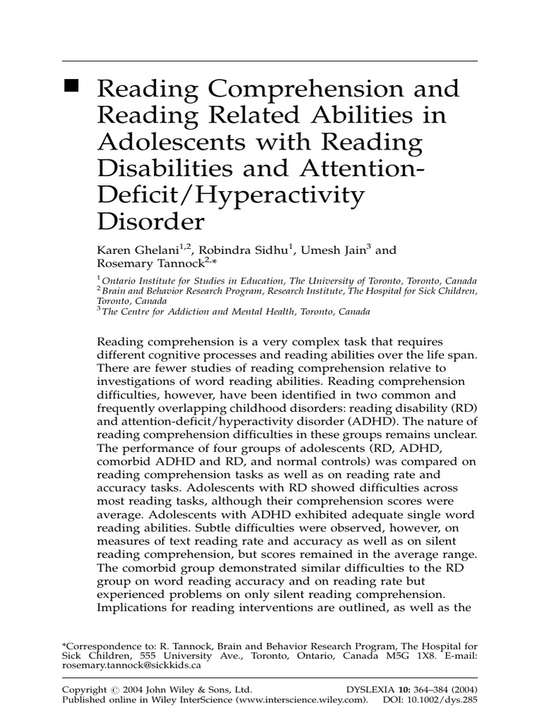 Reading Comprehension and ADHD | PDF | Attention Deficit Hyperactivity ...