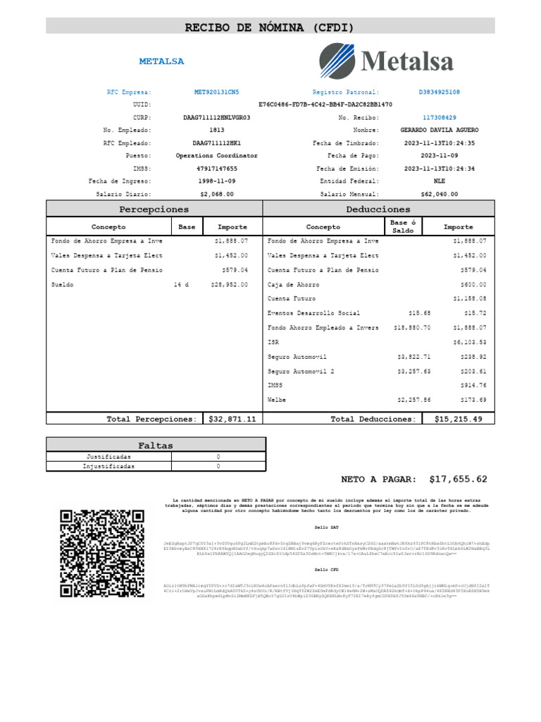 Recibo de Nómina (Cfdi) : Metalsa | PDF | Economias | Labor