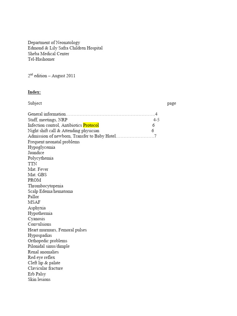 Department of Neonatology - PROTOCOL ENGLISH | PDF | Neonatal Intensive ...