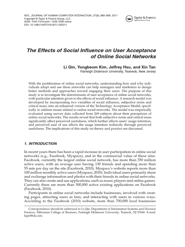 Effects of Social Influence On User Acceptance of Online Social Networks | PDF | Structural ...