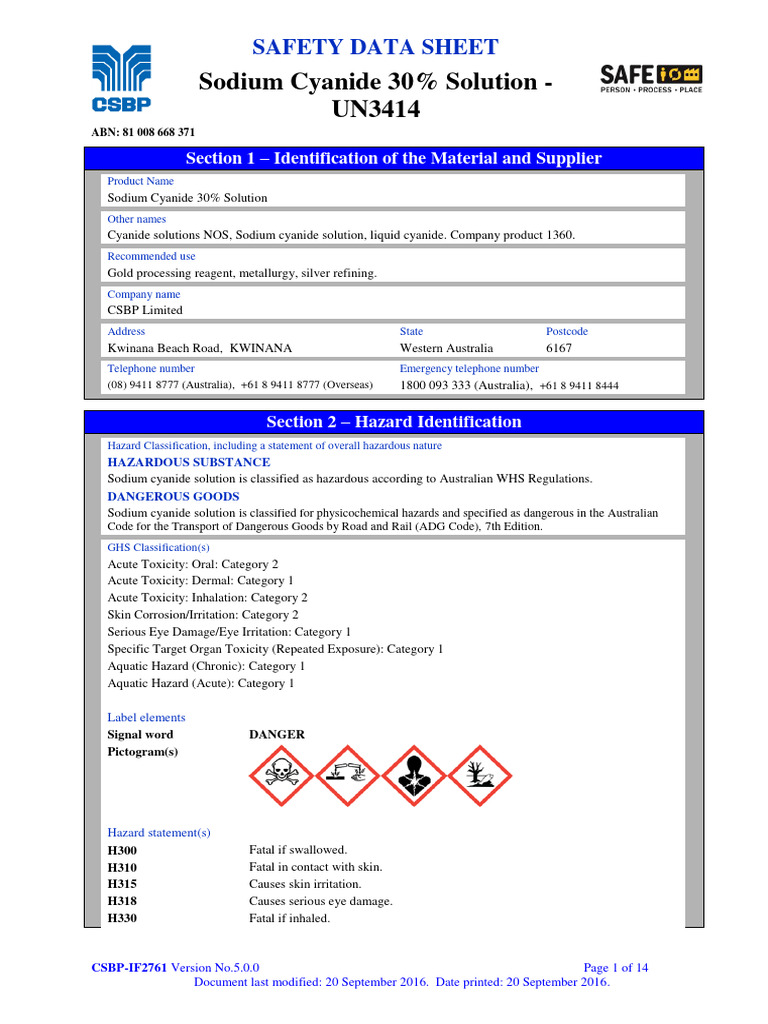 Msds Sodium Cyanide Solution | PDF | Cyanide | Toxicity