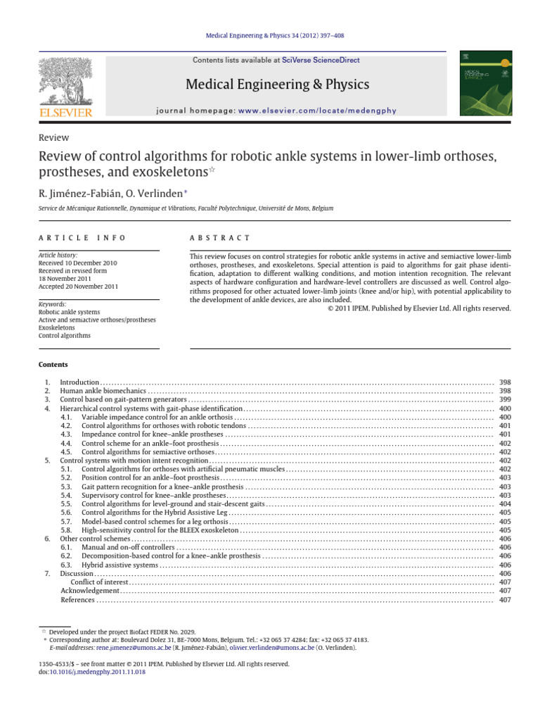 Review of Control Algorithms For Robotic Ankle Systems | PDF ...