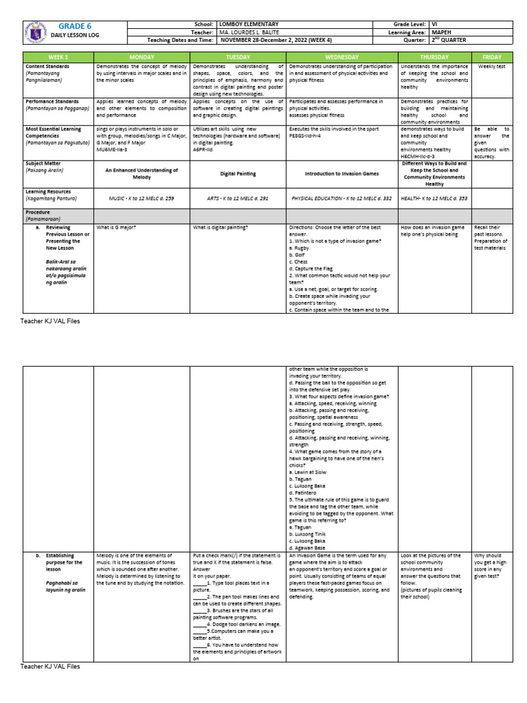 DLL Mapeh6 Week 4 q2 by Teacher KJ Val 1 | PDF | Paintings | Invasion