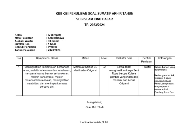 Seni Budaya Kelas 4 - Kisi-Kisi Soal SAS 23-24 | PDF | Seni