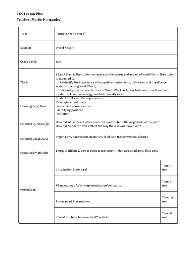 Intro To ww1 Lesson Plan | PDF | Lesson Plan | Cognitive Science