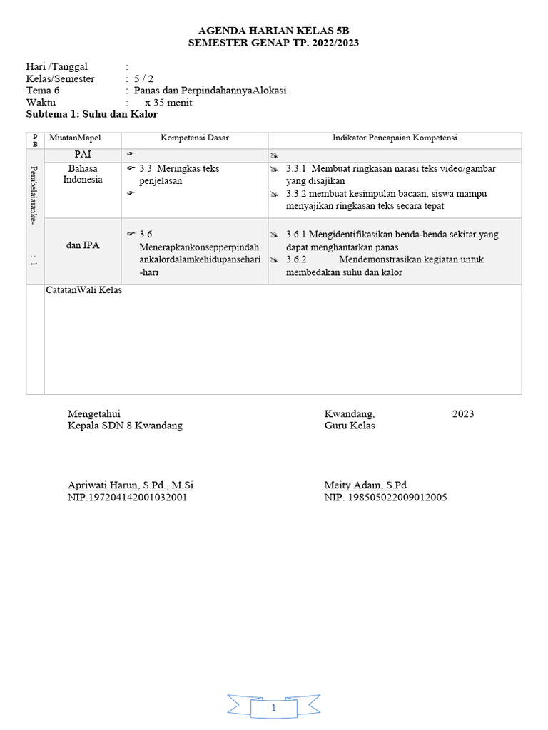 Agenda Harian Kelas 5b | PDF