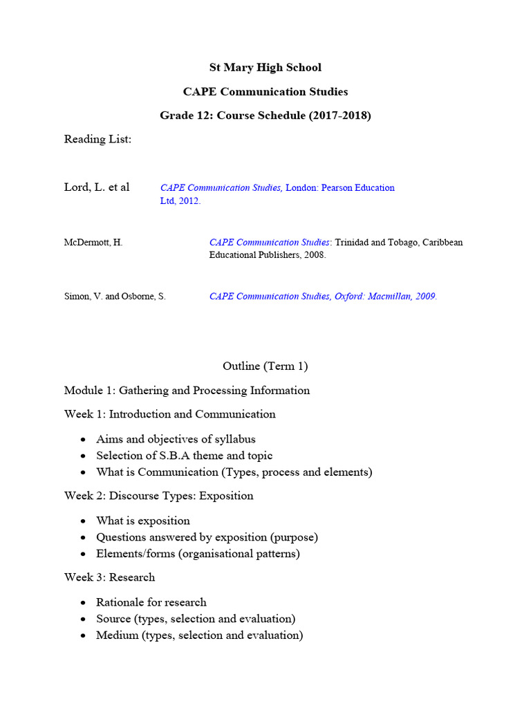 1060537communication Studies CAPE Grade 12 Course Schedule 20172018 | PDF | Fluency | Communication