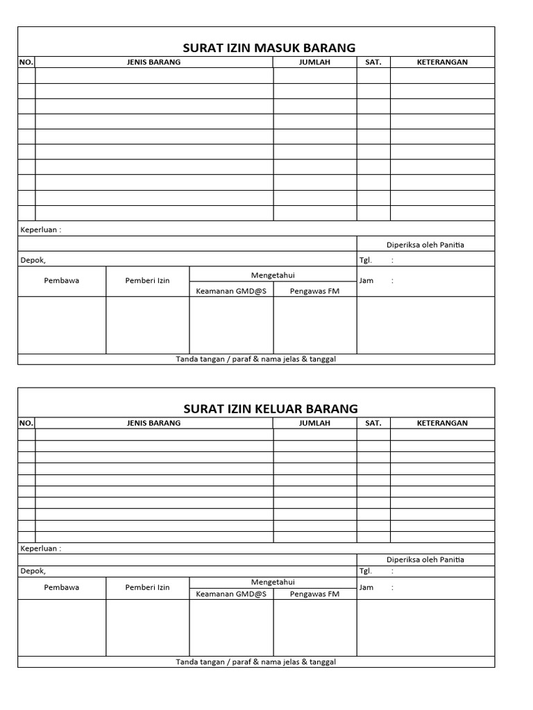 Form Izin Masuk Keluar Barang Pdf
