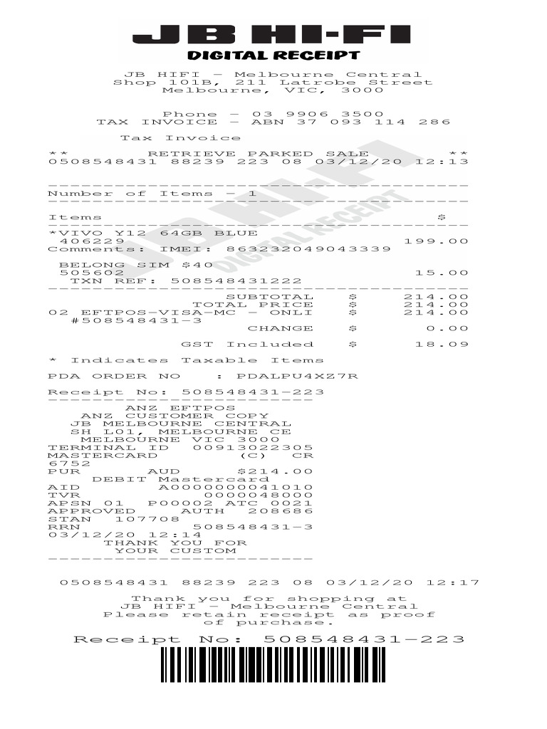 JB Hi-Fi Melbourne Central Receipt | PDF | Finance & Money Management