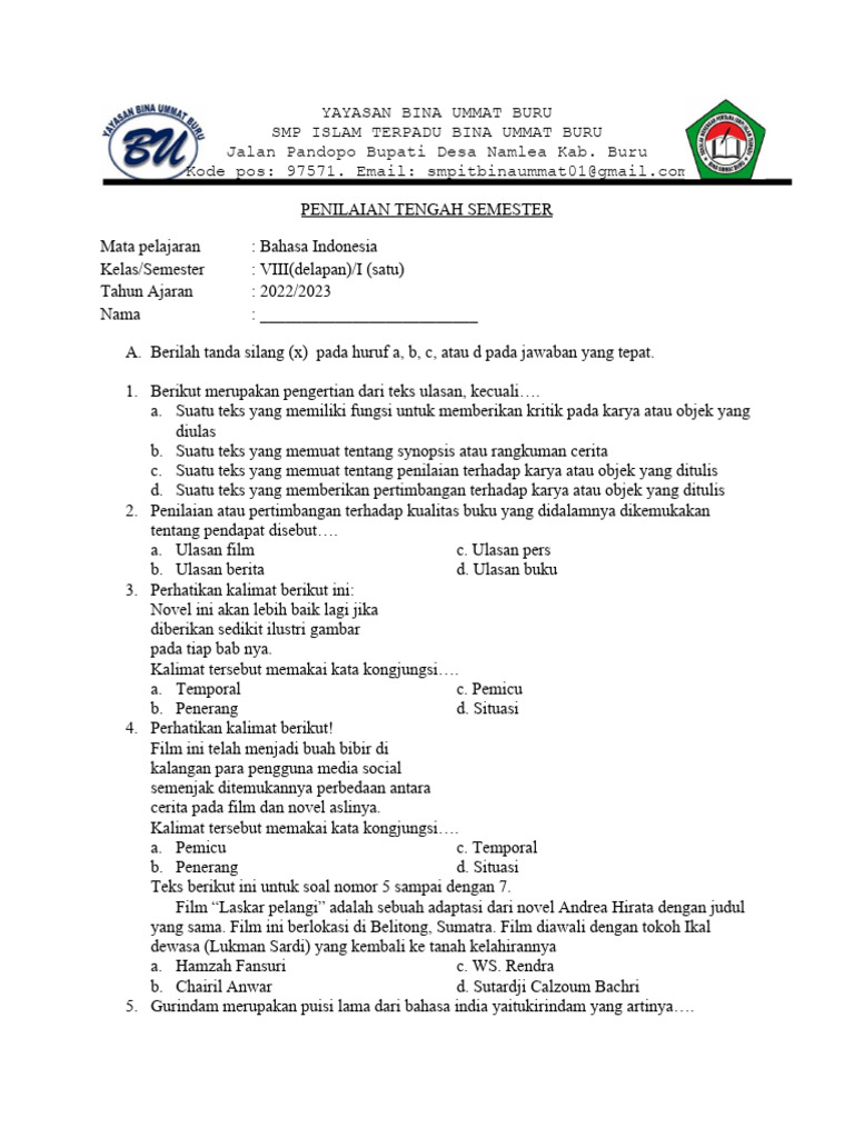 Soal Bindo PTS Kelas 8 | PDF